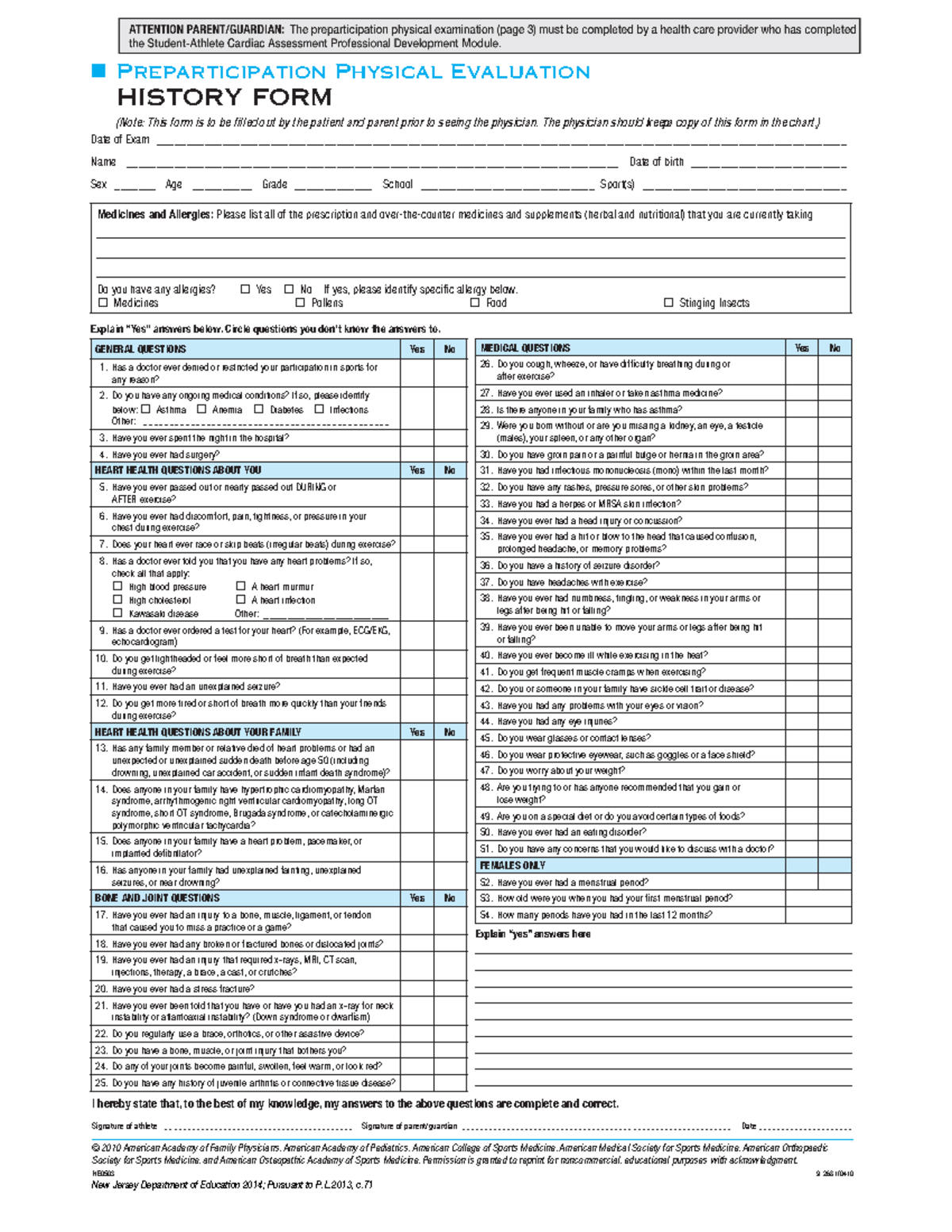 Preparticipation Physical Evaluation History Form - Preparticipation ...