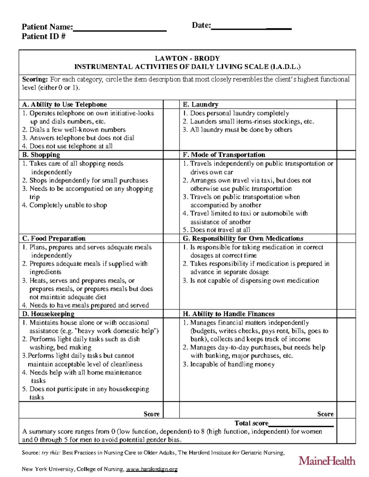 Care and older adults formatting for Lawton health assessment - Patient ...