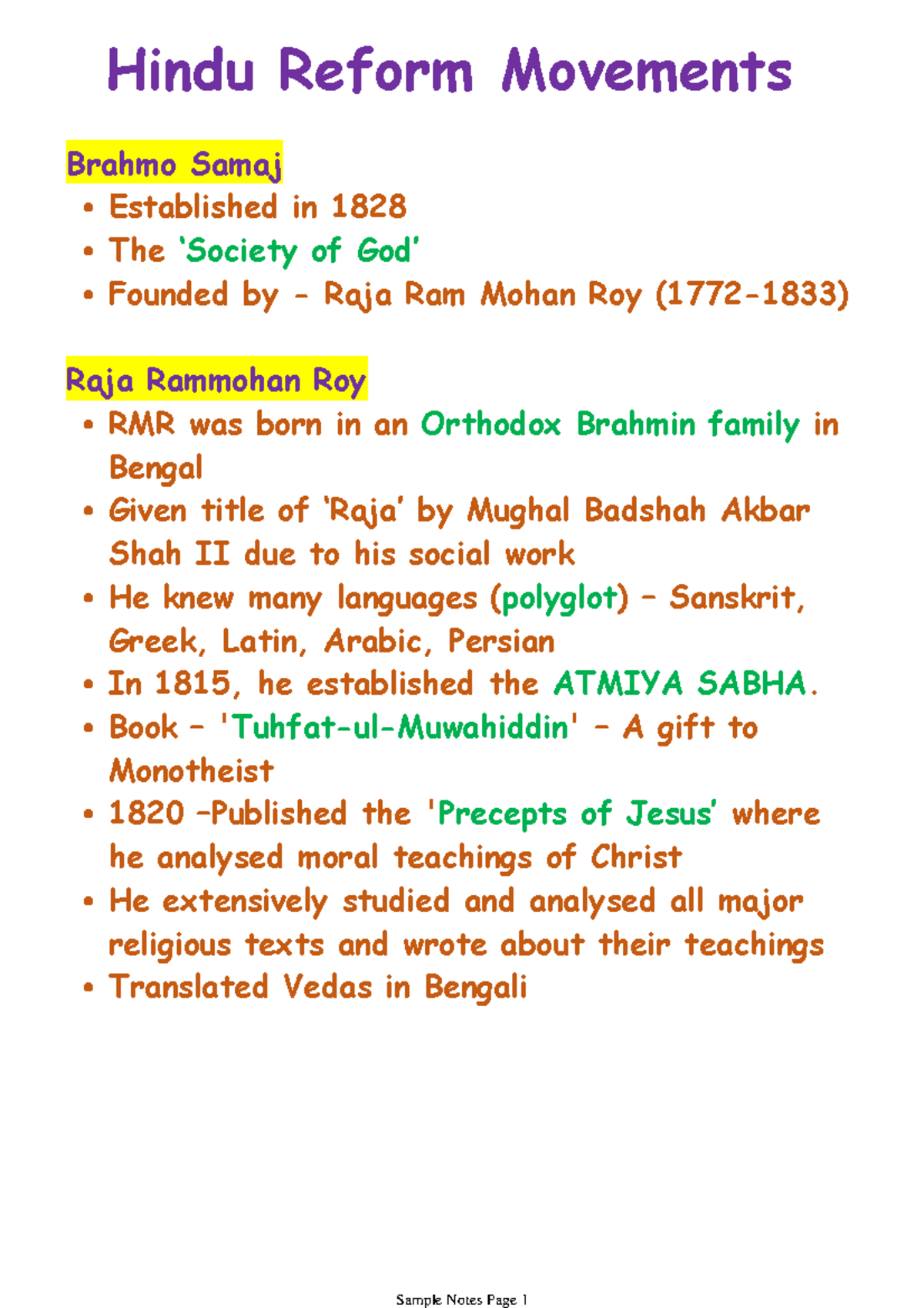 Modern History Sample Notes - Brahmo Samaj - Established in 1828 - The ...