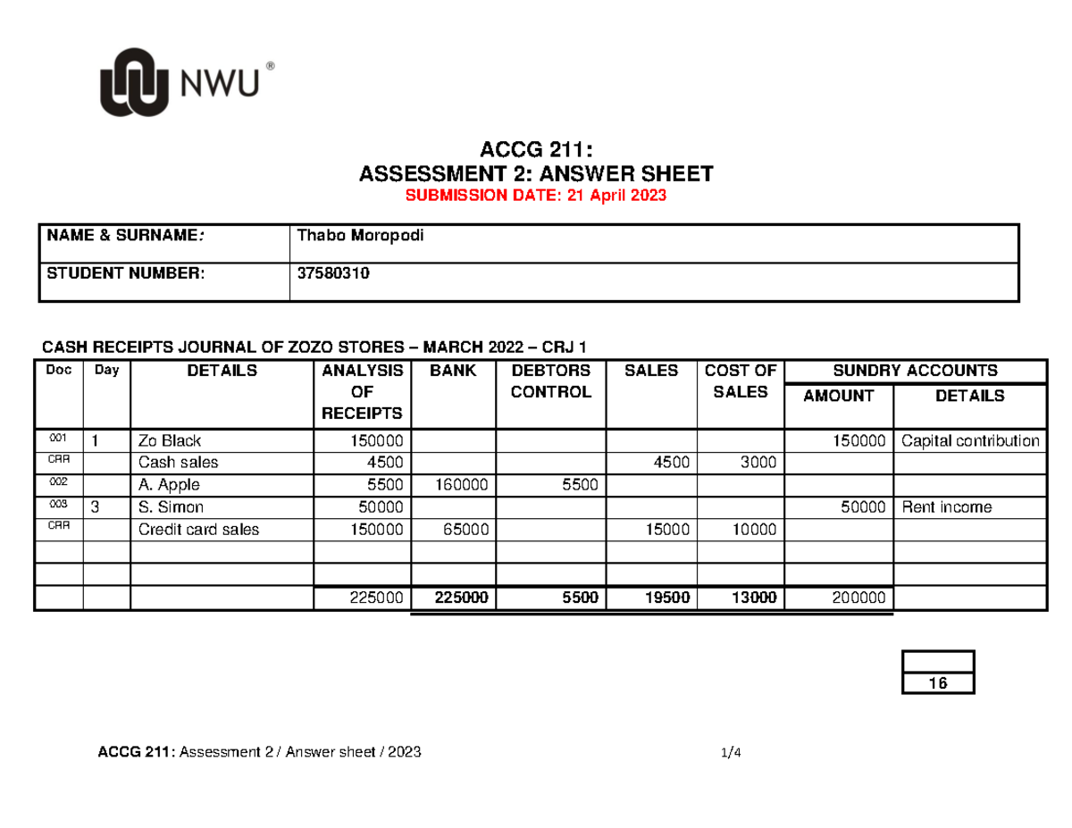 ACCG 221 ass 1 - ACCG 211: ASSESSMENT 2: ANSWER SHEET SUBMISSION DATE ...