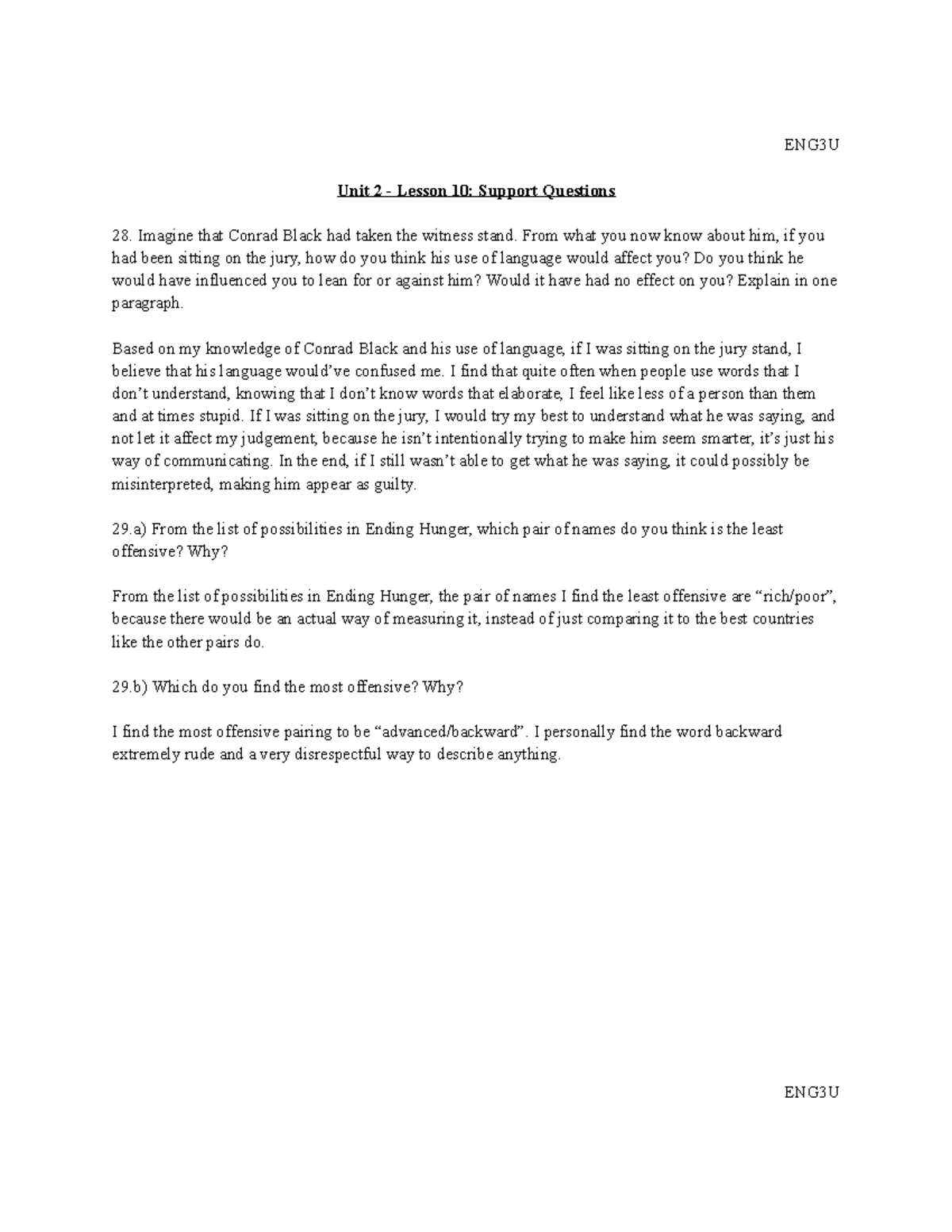 Lesson 10 - ENG3U - ENG3U Unit 2 - Lesson 10: Support Questions Imagine ...