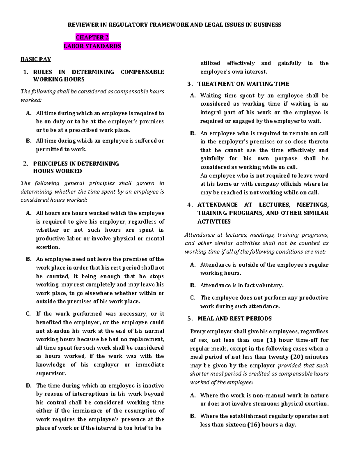 RFBT - Chapter 2 - Labor Standards - REVIEWER IN REGULATORY FRAMEWORK ...
