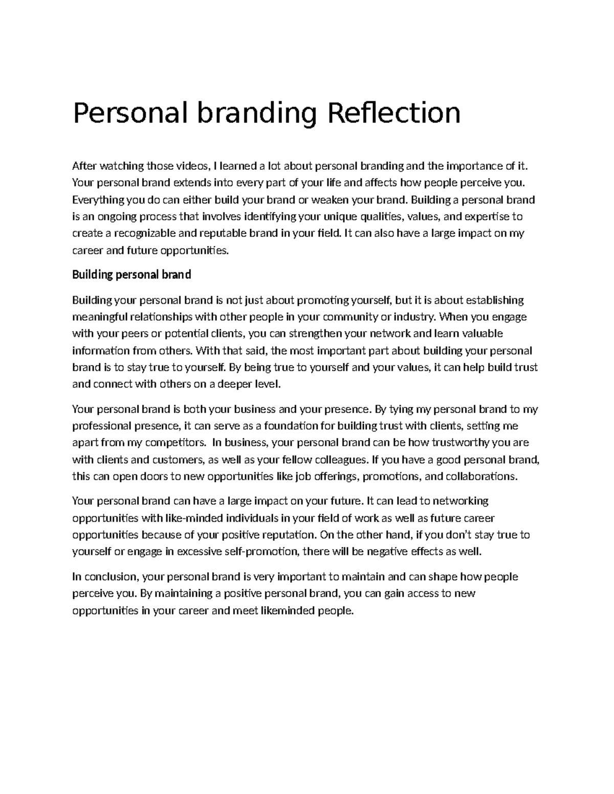 Personal branding Reflection 1 - Personal branding Reflection After ...