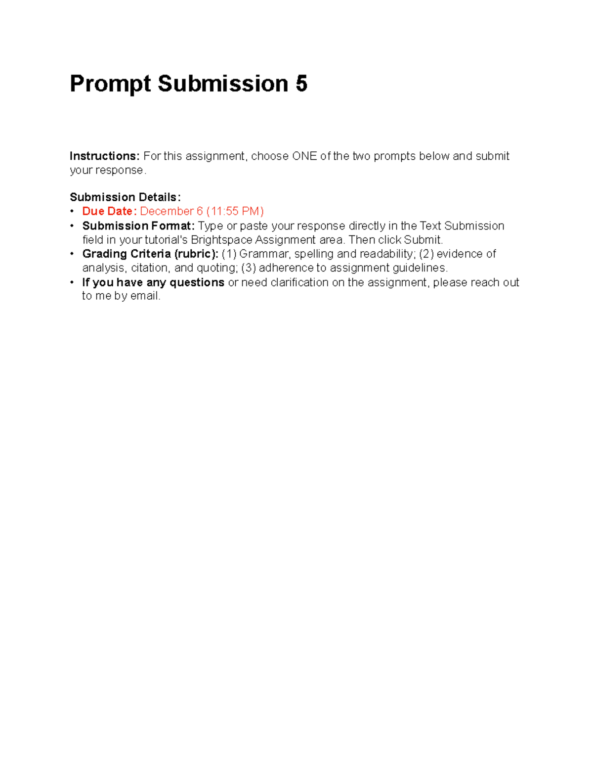 Prompt 5 - Prompt Submission 5 Instructions: For this assignment ...