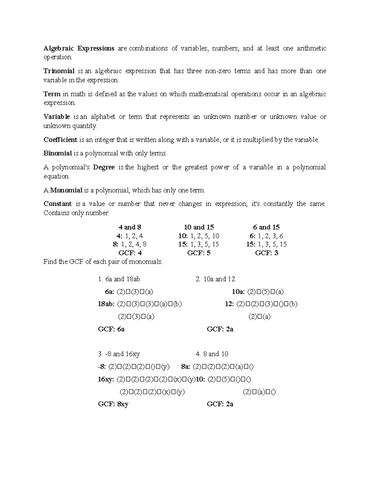 Mathematics Notes - Algebraic Expressions are combinations of variables ...