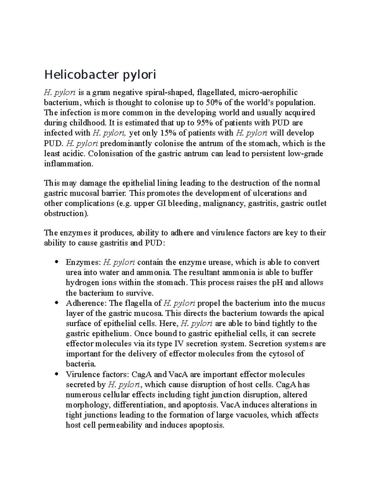 Helicobacter pylori - Lecture notes - Helicobacter pylori H. pylori is ...
