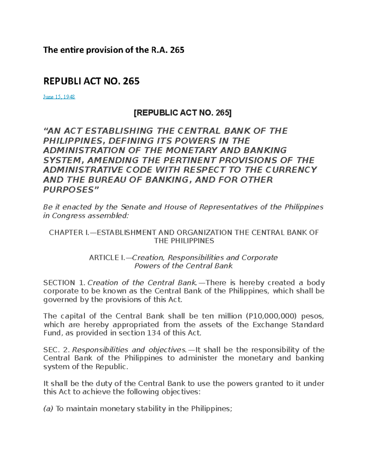 R.A. 265 - This article contains the entire provision of the Republic ...