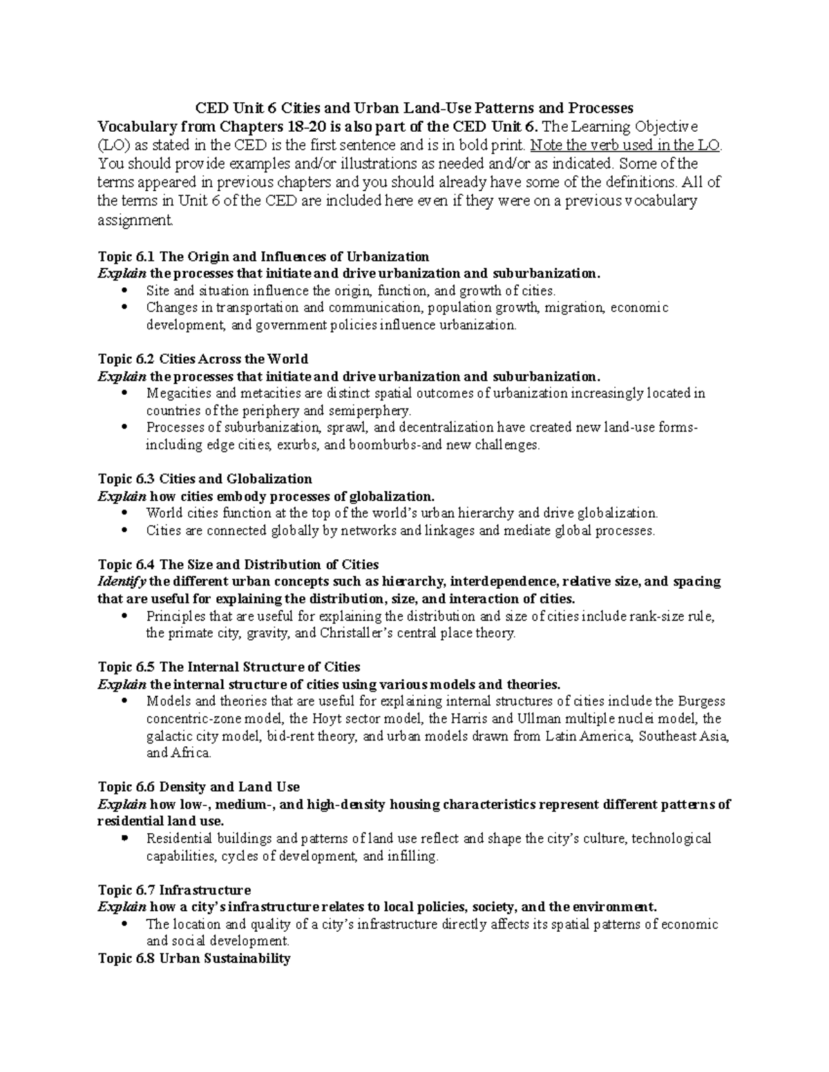 CED Unit 6 Cities and Urban Land - The Learning Objective (LO) as ...