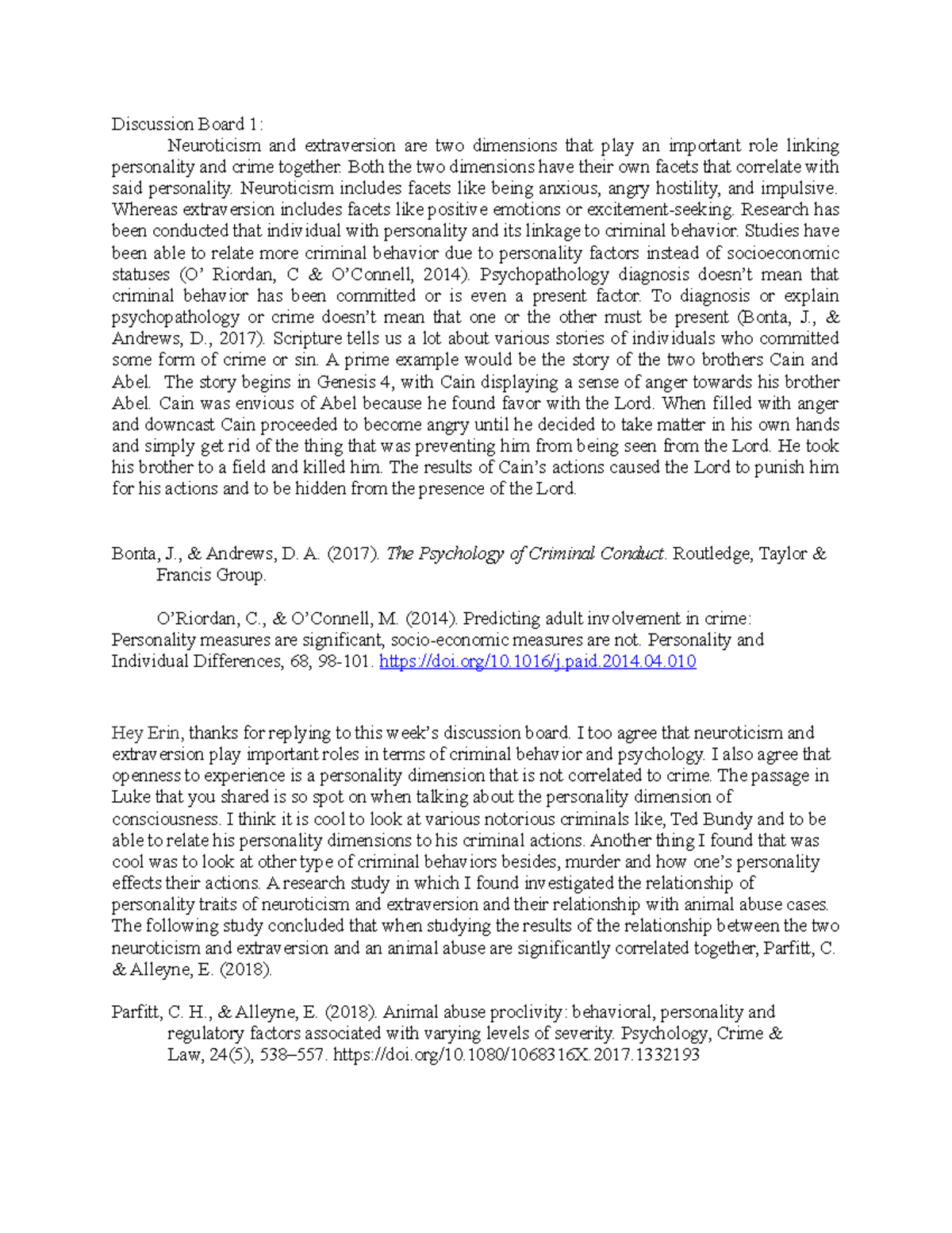 Discussion Boards for Psych 475 - Discussion Board 1: Neuroticism and ...