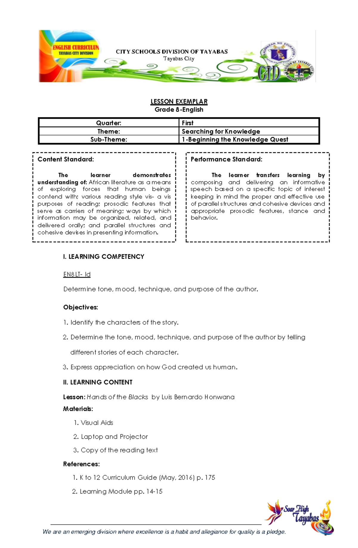 G8 English Lesson Exemplar 1st Quarter - CITY SCHOOLS DIVISION OF ...