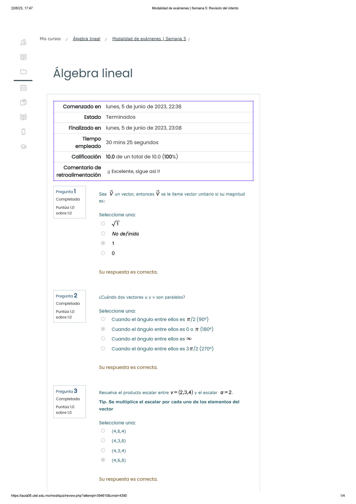 Modalidad de exámenes Semana 5 Revisión del intento - Álgebra lineal Pregunta 1 Completada ...