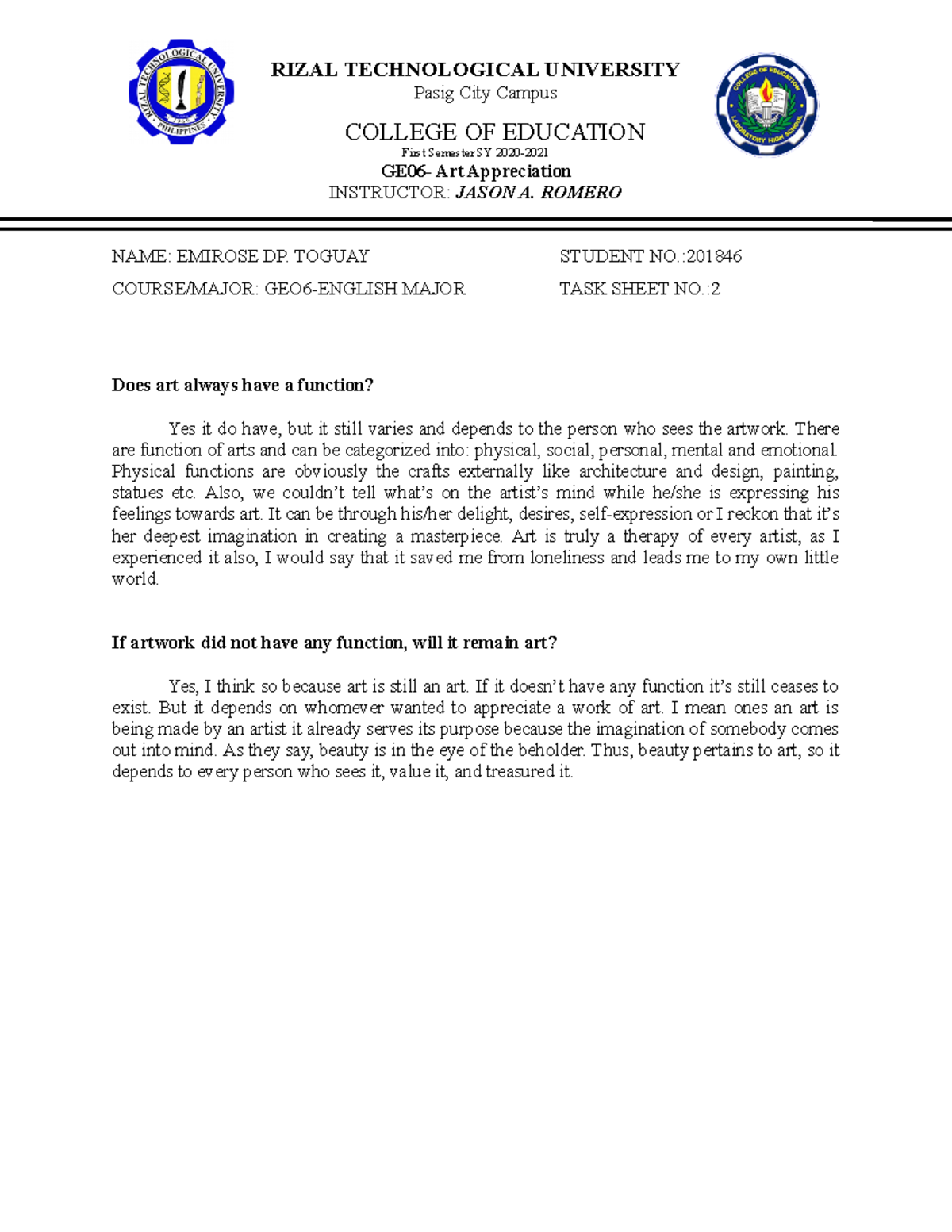 Task sheet no - Assigned task - RIZAL TECHNOLOGICAL UNIVERSITY Pasig ...