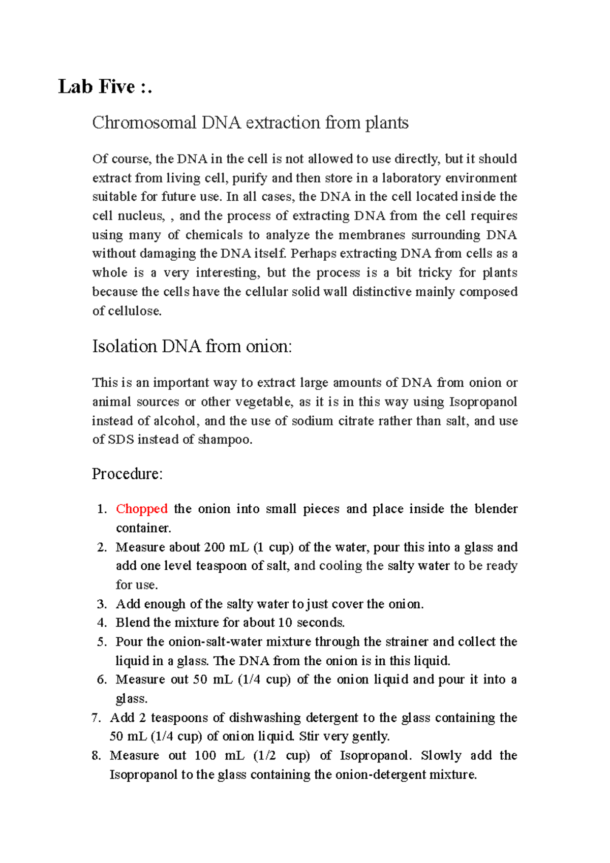 Chromosomal DNA extraction from plants - Lab Five :. Chromosomal DNA ...