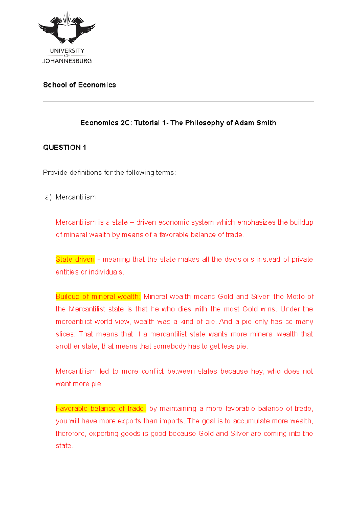 Tutorial 1 Memo - School of Economics Economics 2C: Tutorial 1- The ...