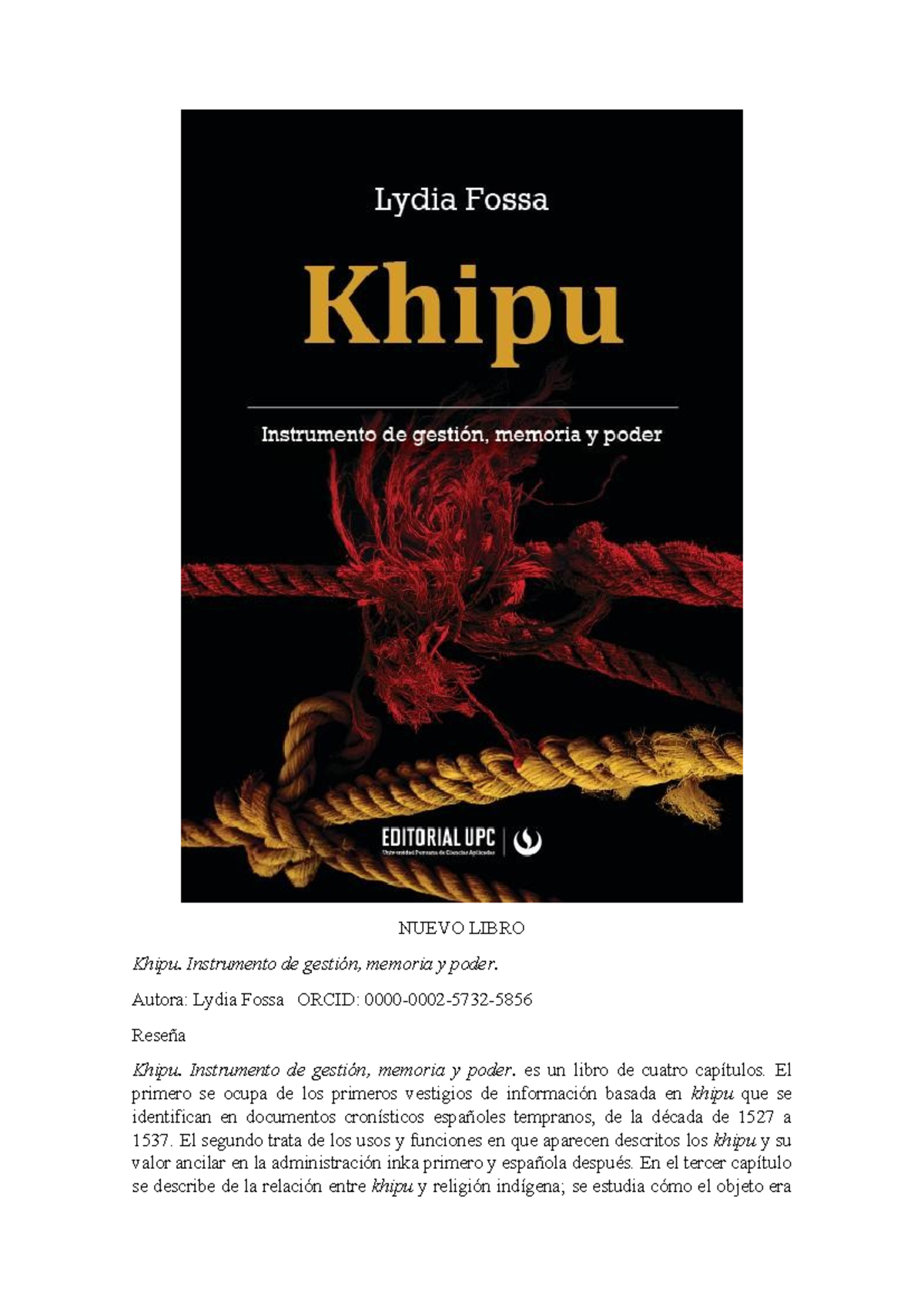 Khipu Instrumento de gestion memoria y p - NUEVO LIBRO Khipu. Instrumento de gestión, memoria y ...