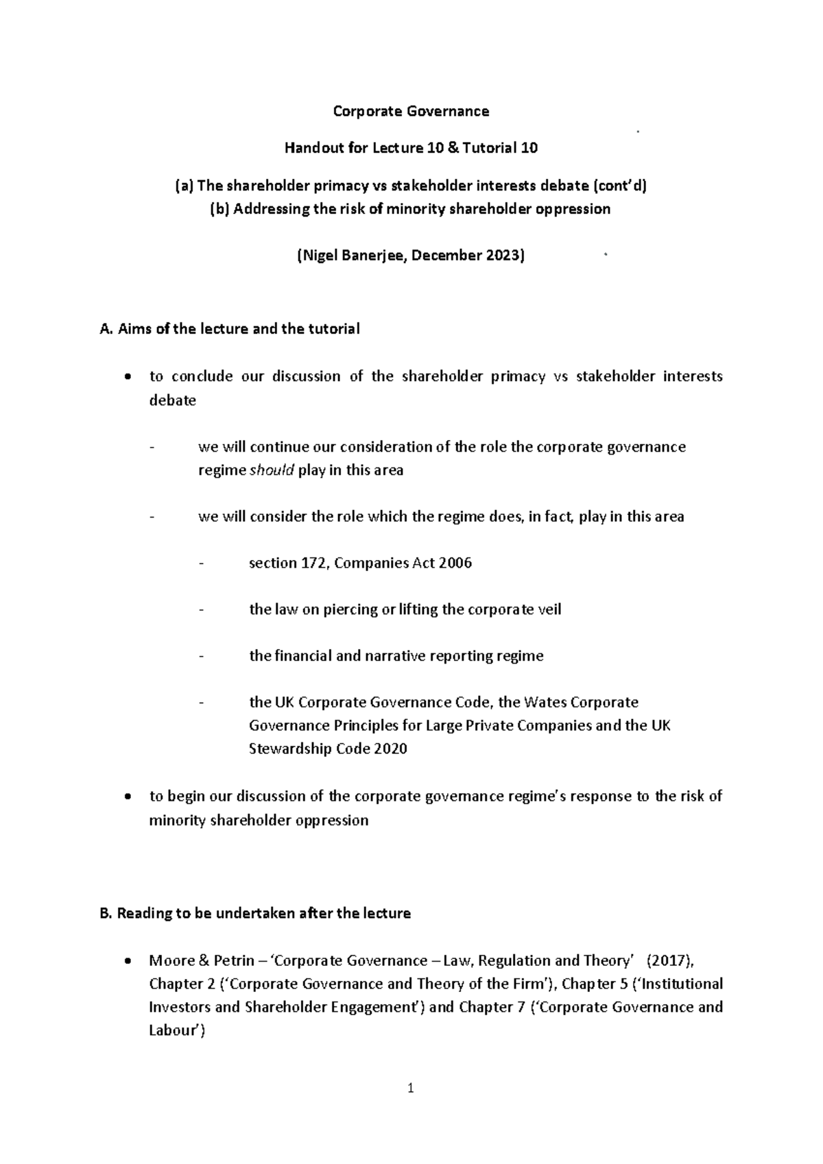 Corporate Governance - Lecture 10 and Tutorial 10 handout (December ...