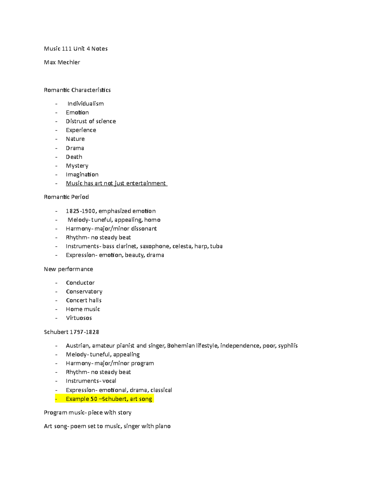 Music 111 Unit 4 Notes - Music 111 Unit 4 Notes Max Mechler Romantic ...