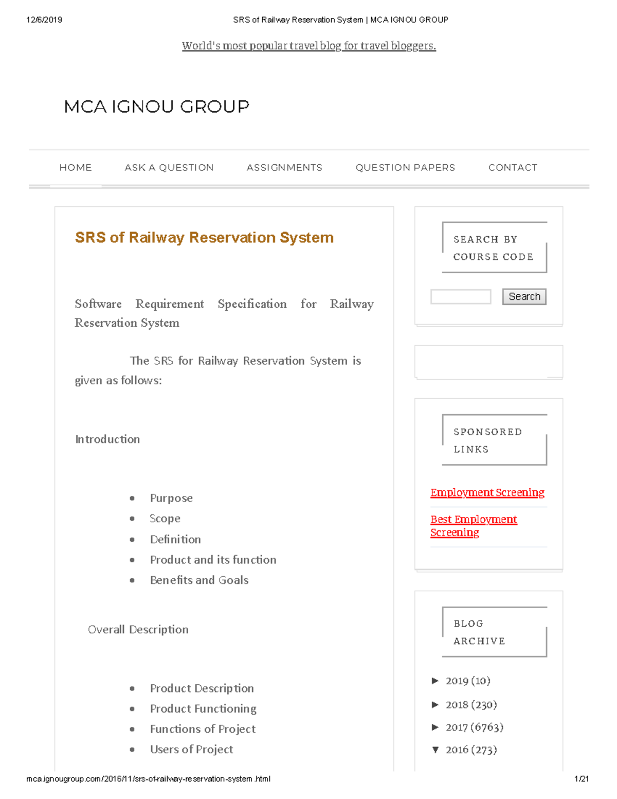 SRS of Railway Reservation System MCA Ignou Group - Warning: TT ...