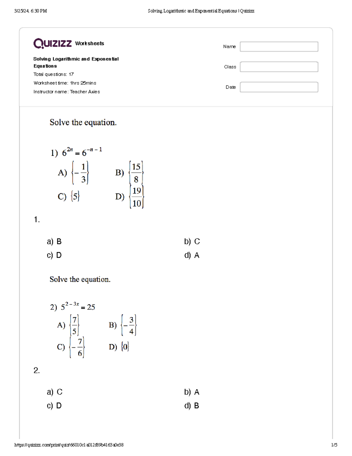 Solving Logarithmic and Exponential Equations Quizizz - Worksheets ...