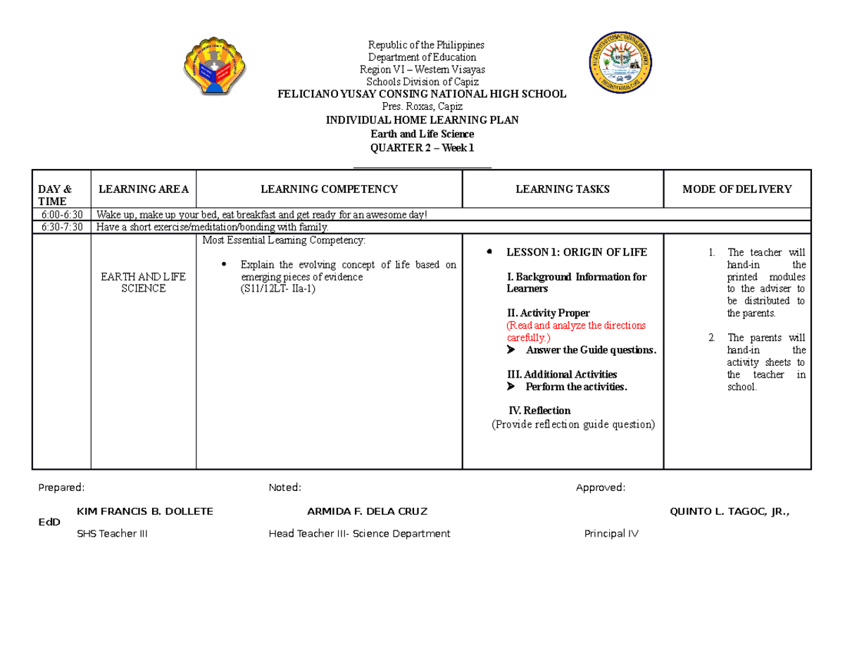 ELS-week-1 This refer to Individual learning plan for students on Earth ...