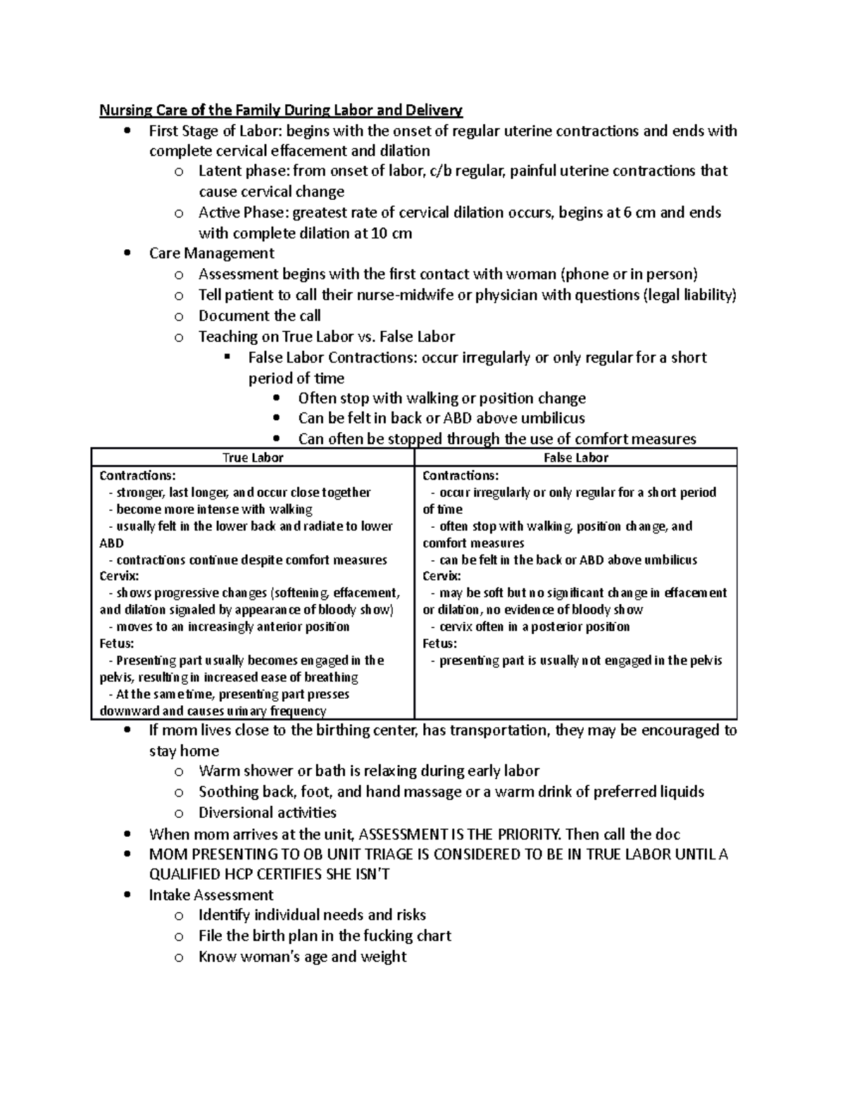 Nursing Care of the Family During Labor and Delivery - False Labor ...