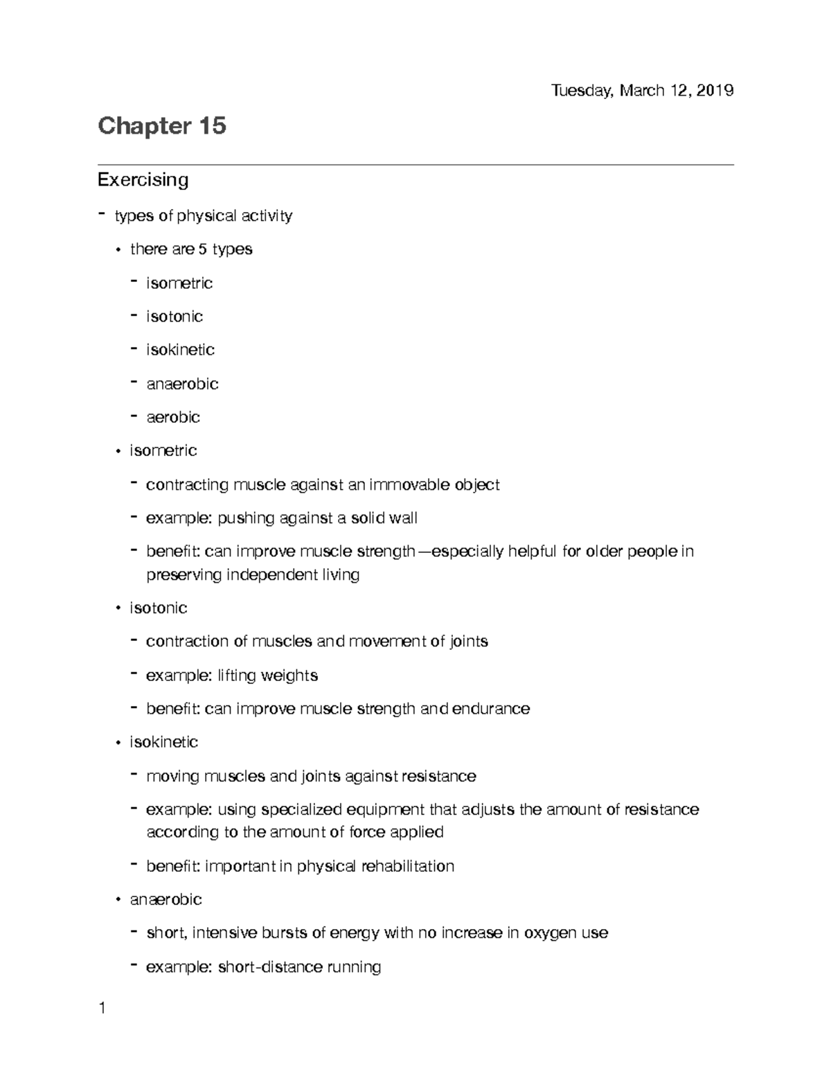 Chapter 15 - lecture notes - Chapter 15 Exercising - types of physical ...