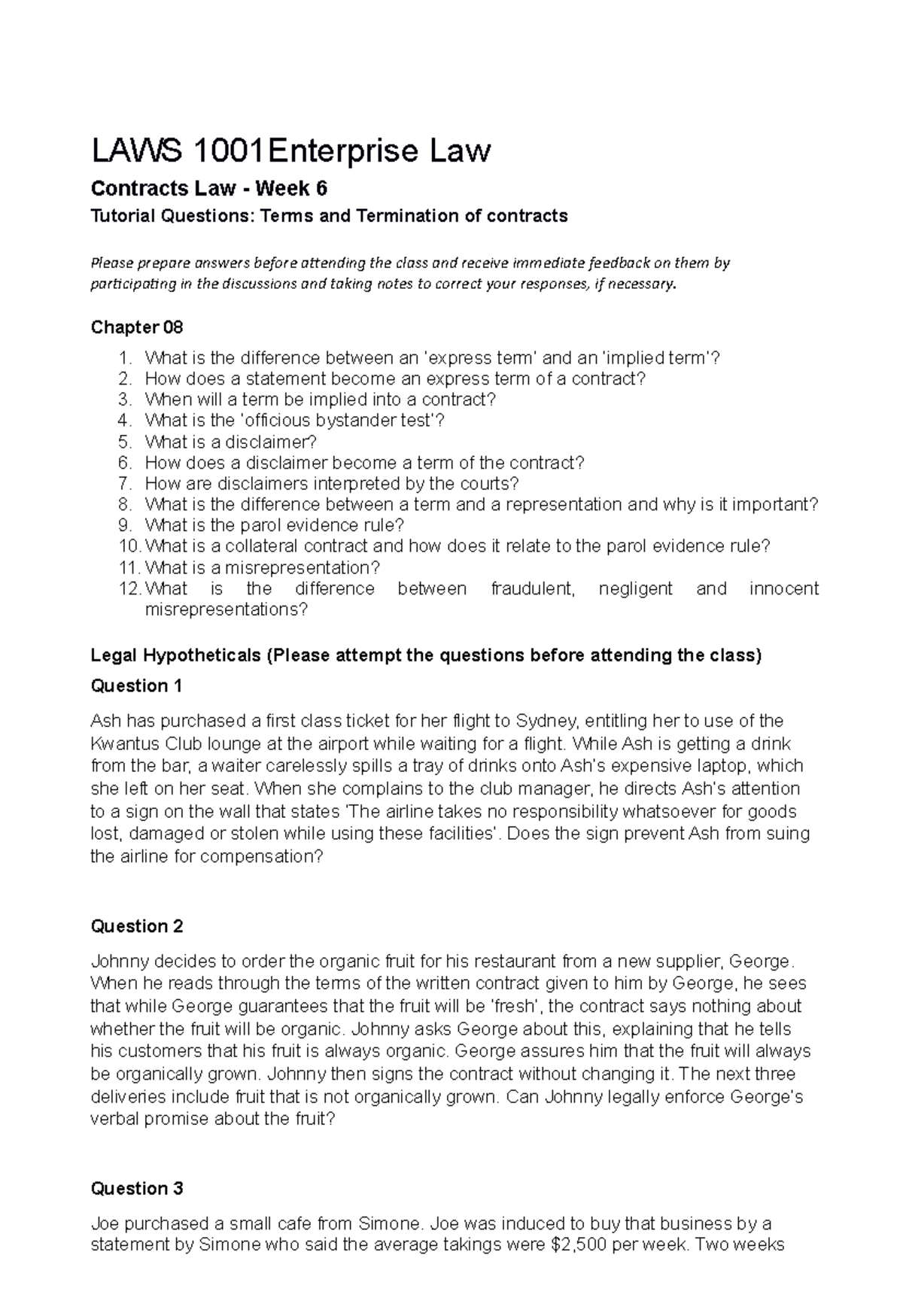 Contract notes part 1 - LAWS 1001Enterprise Law Contracts Law - Week 6 ...