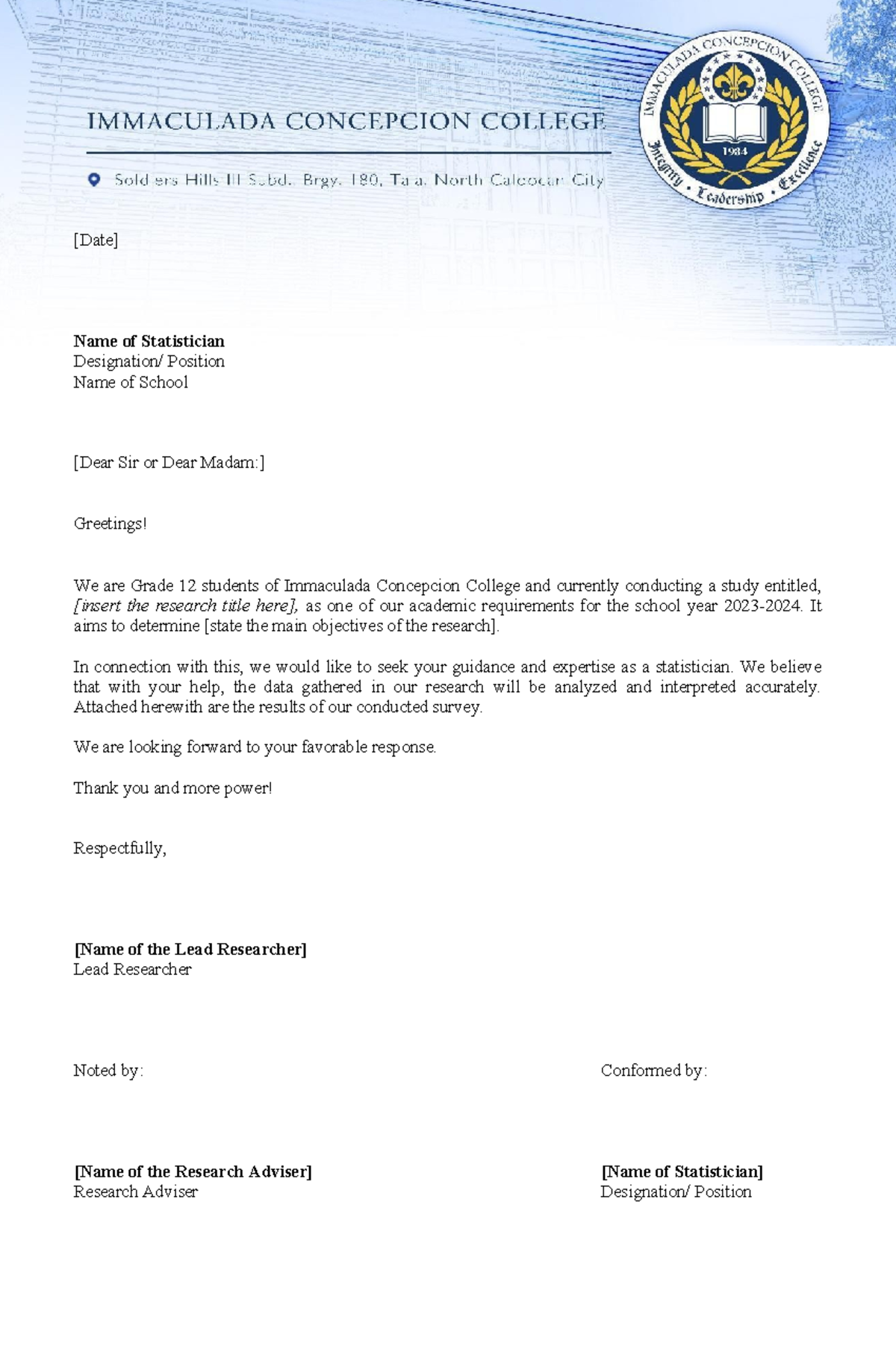 Copy of Letter for Statistician - [Date] Name of Statistician ...