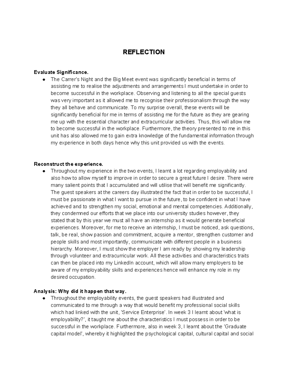 Service Enterprise Reflection - REFLECTION Evaluate Significance. The ...