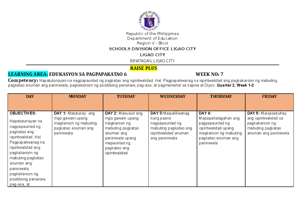 Raise PLUS ESP6 Week 7 - vvfg - Republic of the Philippines Department ...