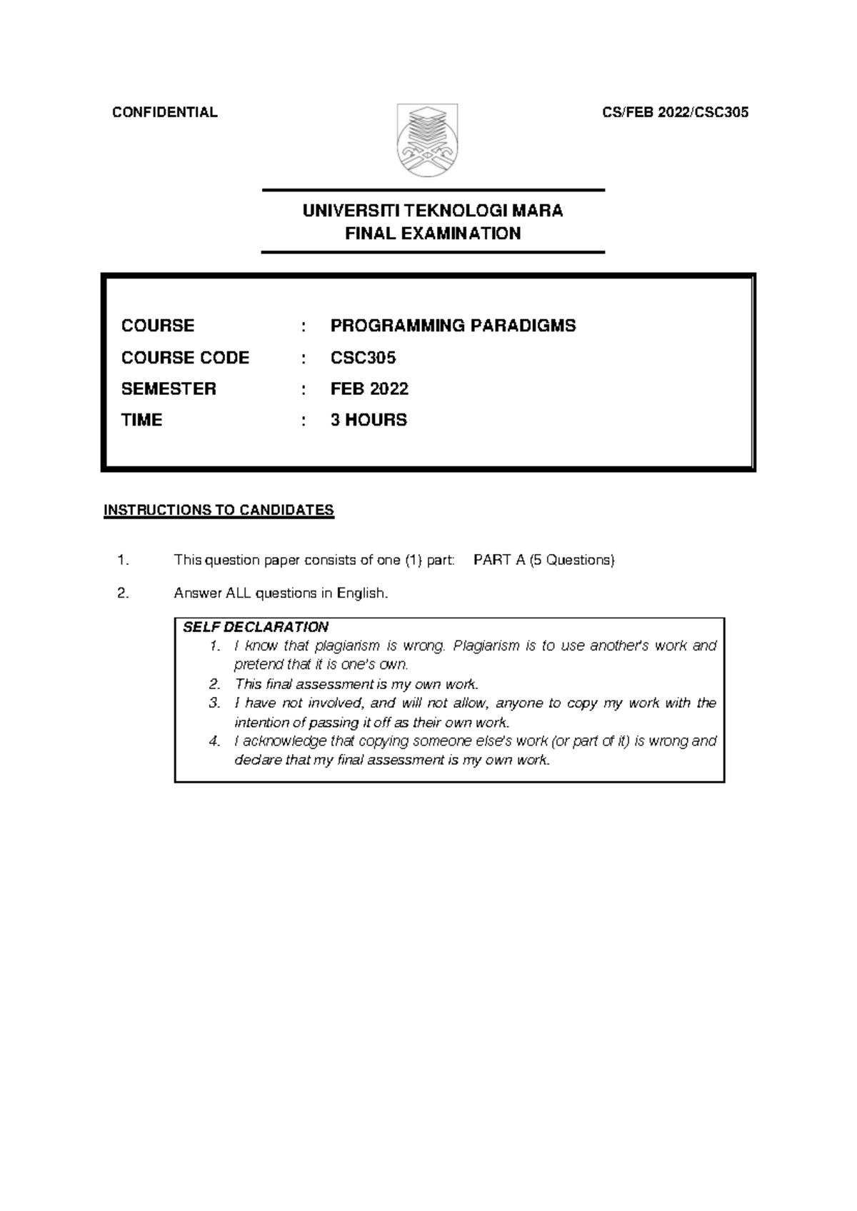 CSC305 Final Assessment Question - UNIVERSITI TEKNOLOGI MARA FINAL ...