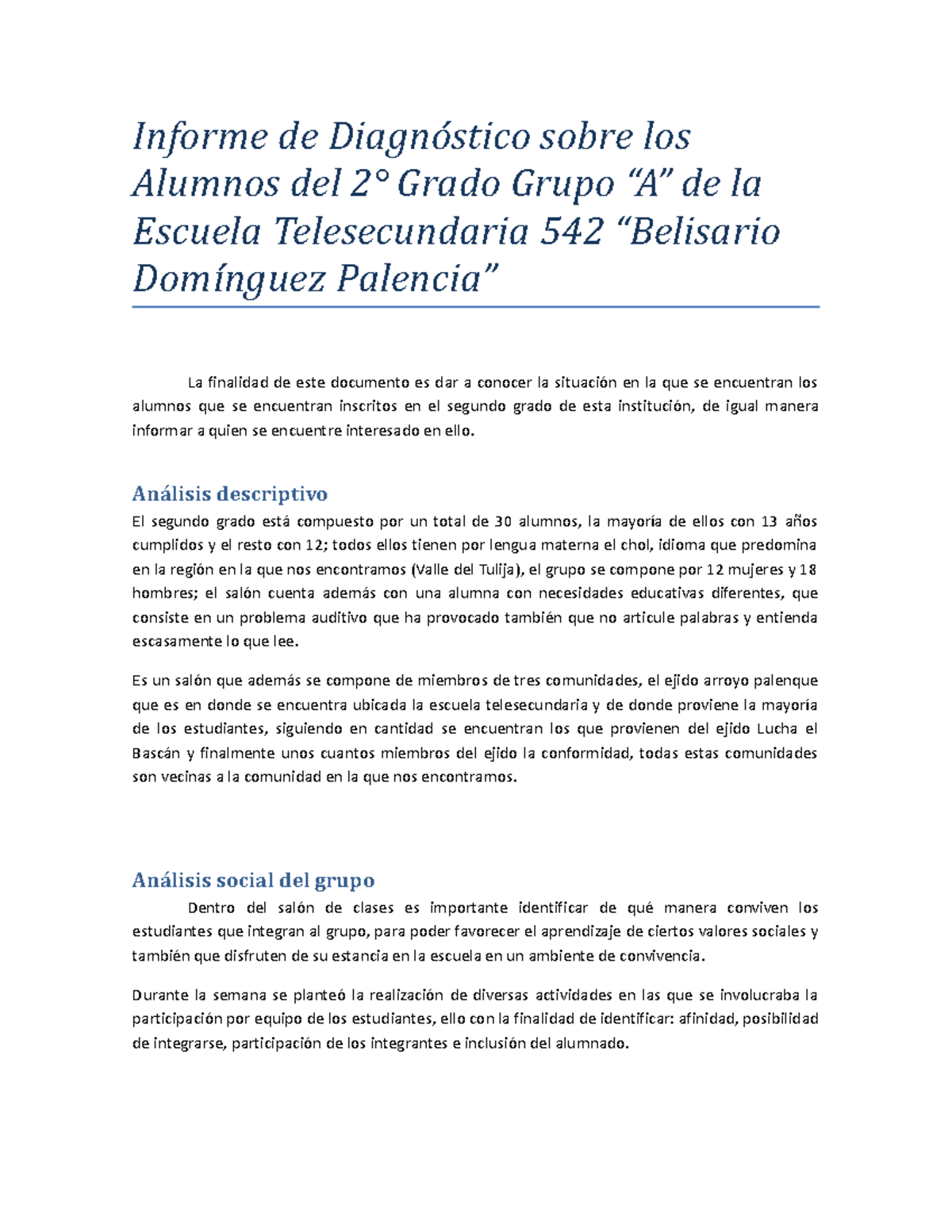 Informe de Diagnostico sobre los Alumnos - Informe de Diagnóstico sobre ...