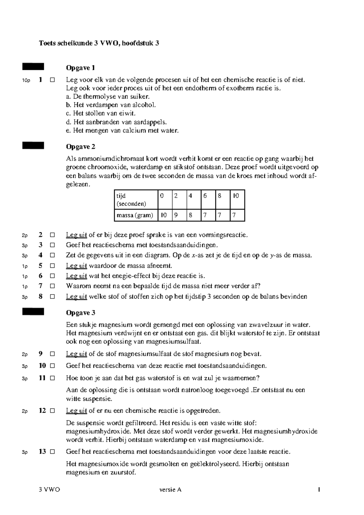 Pwh3vwo - Proefwerk voorbeeld - 3 VWO versie A 1 Toets scheikunde 3 VWO ...