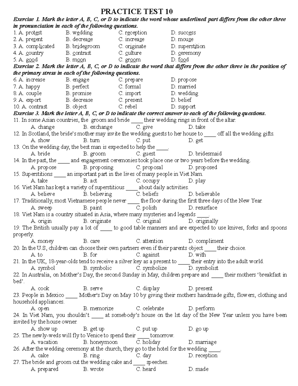 Practice TEST 10 - dfda - PRACTICE TEST 10 Exercise 1. Mark the letter ...