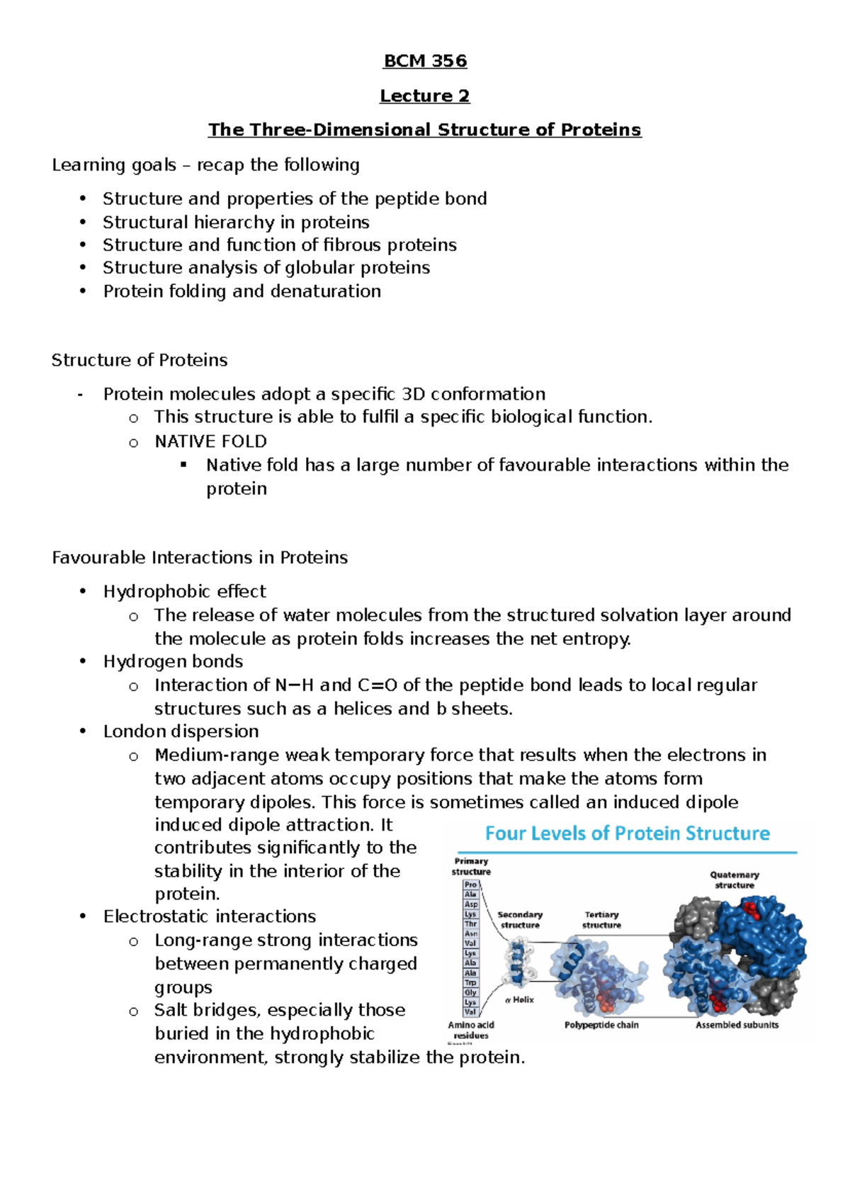 Lecture 2 Summary - BCM 356 - BCM 356 Lecture 2 The Three-Dimensional Structure of Proteins ...