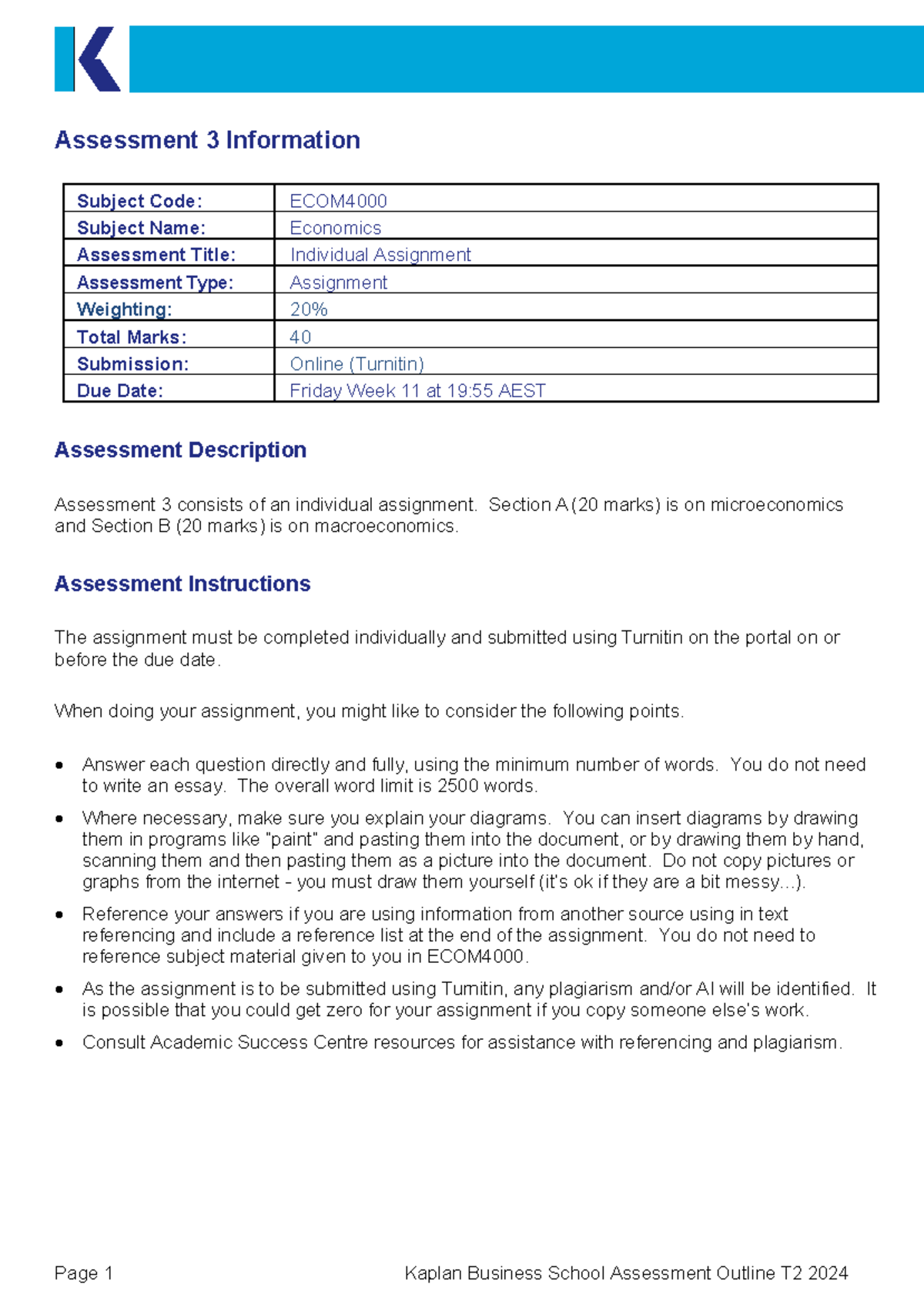 ECOM4000 T2 2024 Assessment 3 Individual Assignment - Assessment 3 Information Subject Code ...