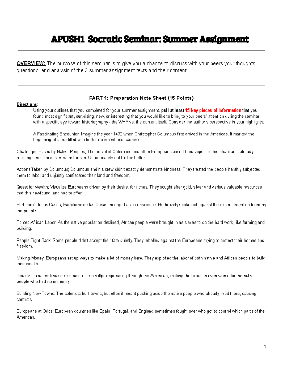 Copy of Apush 1 Socratic Seminar Summer Assignment - APUSH1 Socratic ...