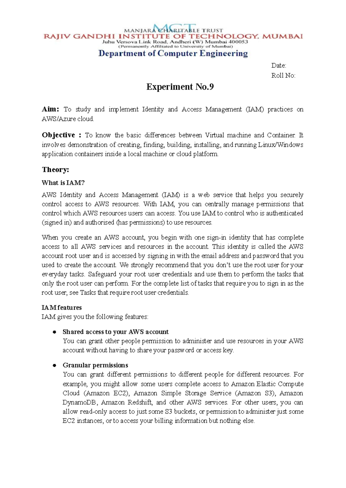 CC Experiment 09 - Date: Roll No: Experiment No. Aim: To study and implement Identity and Access ...