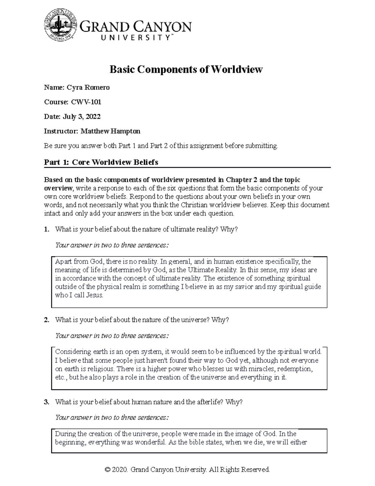 CWV-101-TP 1 Assignment - Basic Components of Worldview Name: Cyra ...