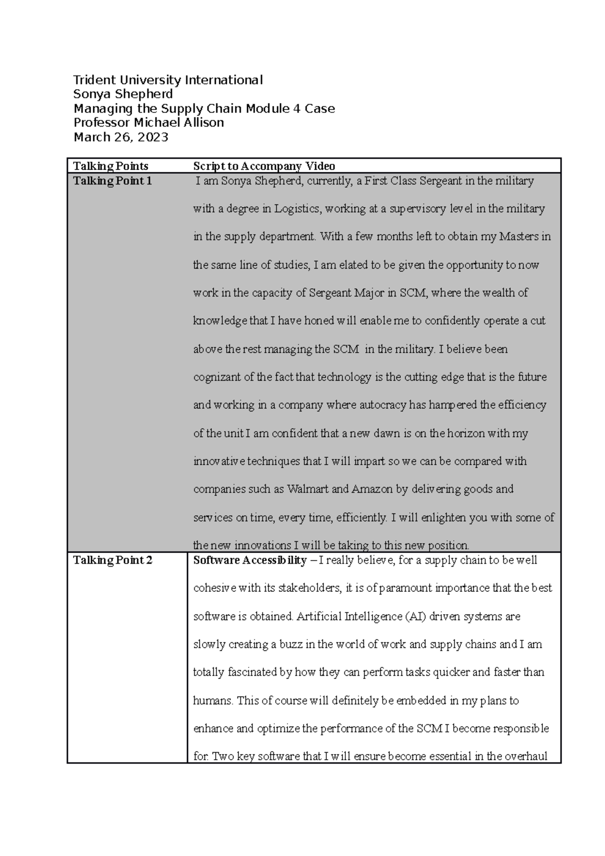 LOG501 Case4 Script 2020 Shepherd - Trident University International ...