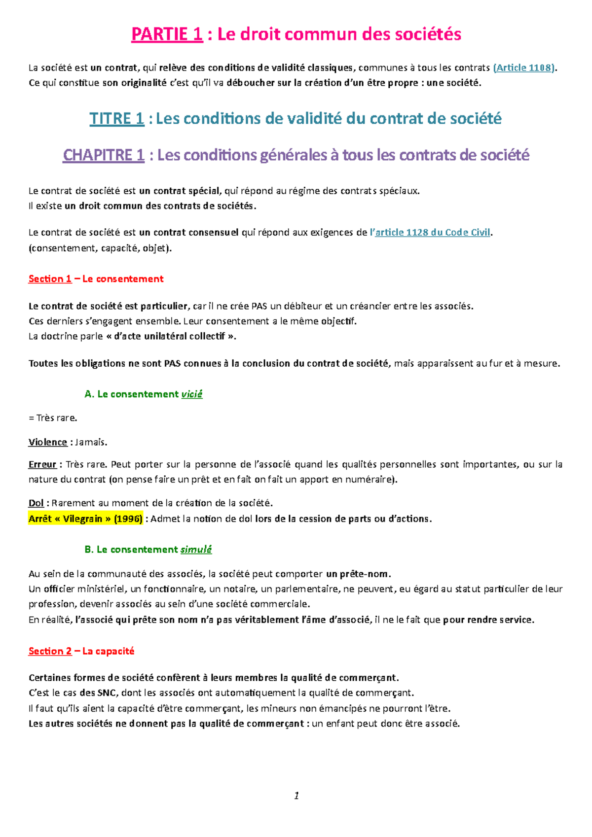 Chapitre 1 - Notes de cours Partie 1 - Le droit commun des sociétés ...