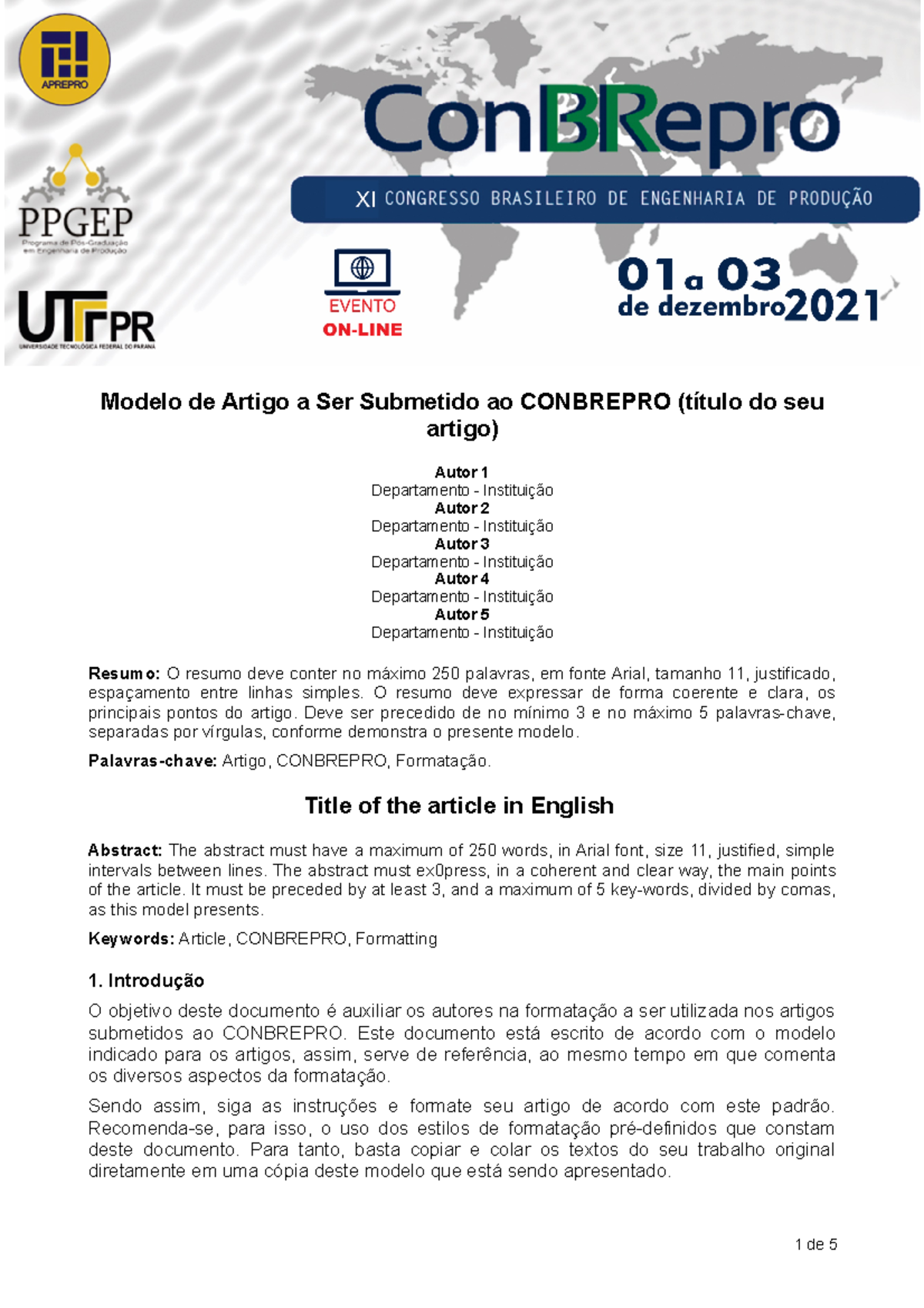 Template de Artigo 2021 - Modelo de Artigo a Ser Submetido ao CONBREPRO (título do seu artigo ...
