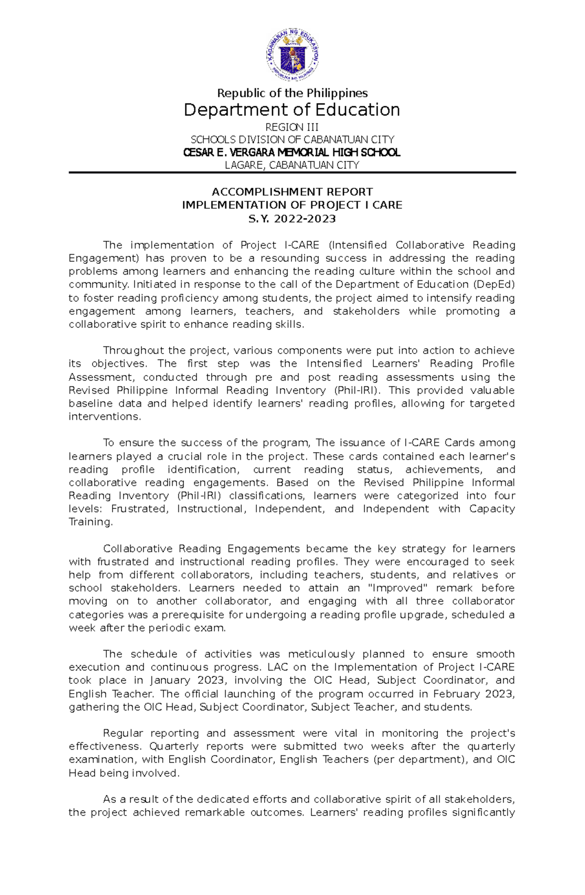 Accomplishment Report Project I CARE - Republic of the Philippines ...