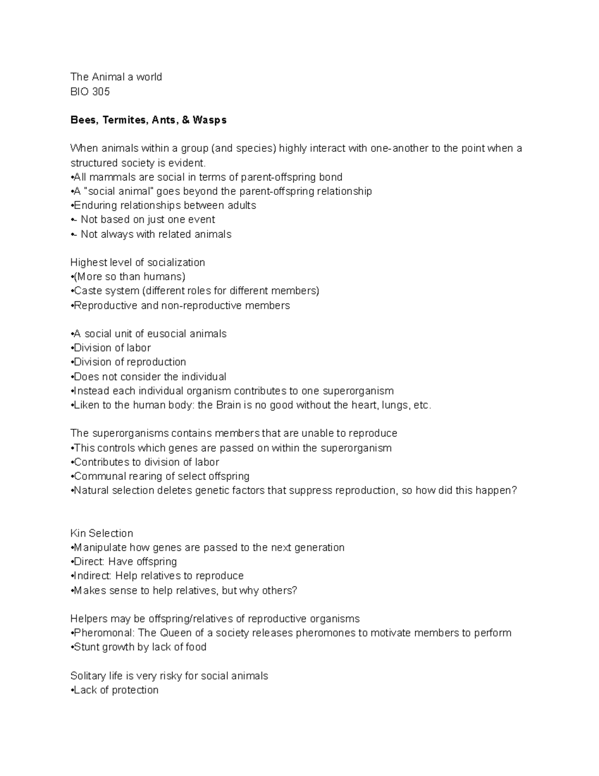 Animal 9 - Lecture notes - The Animal a world BIO 305 Bees, Termites ...