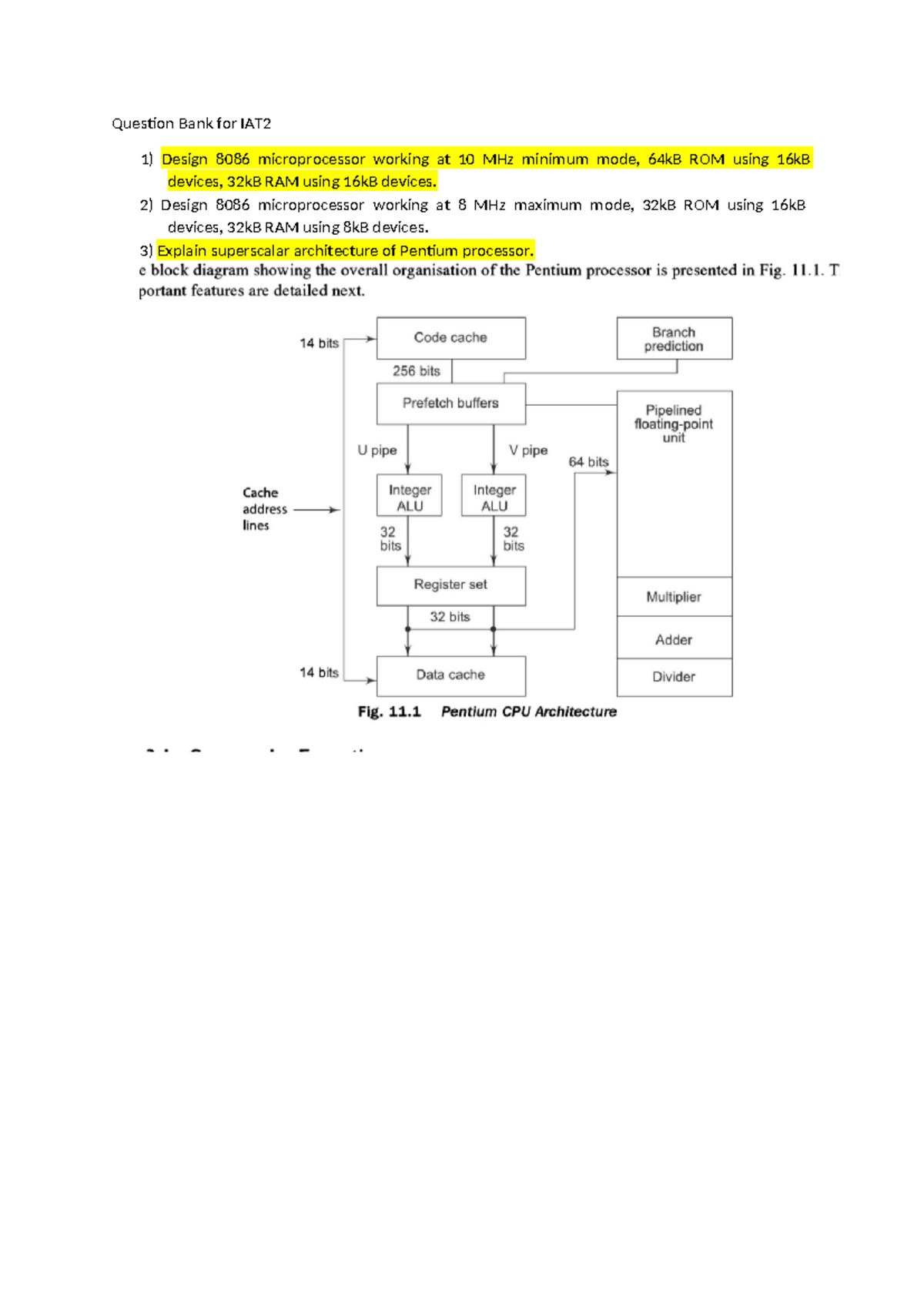 Question Bank for IAT2 - ver - Question Bank for IAT 1) Design 8086 microprocessor working at 10 ...