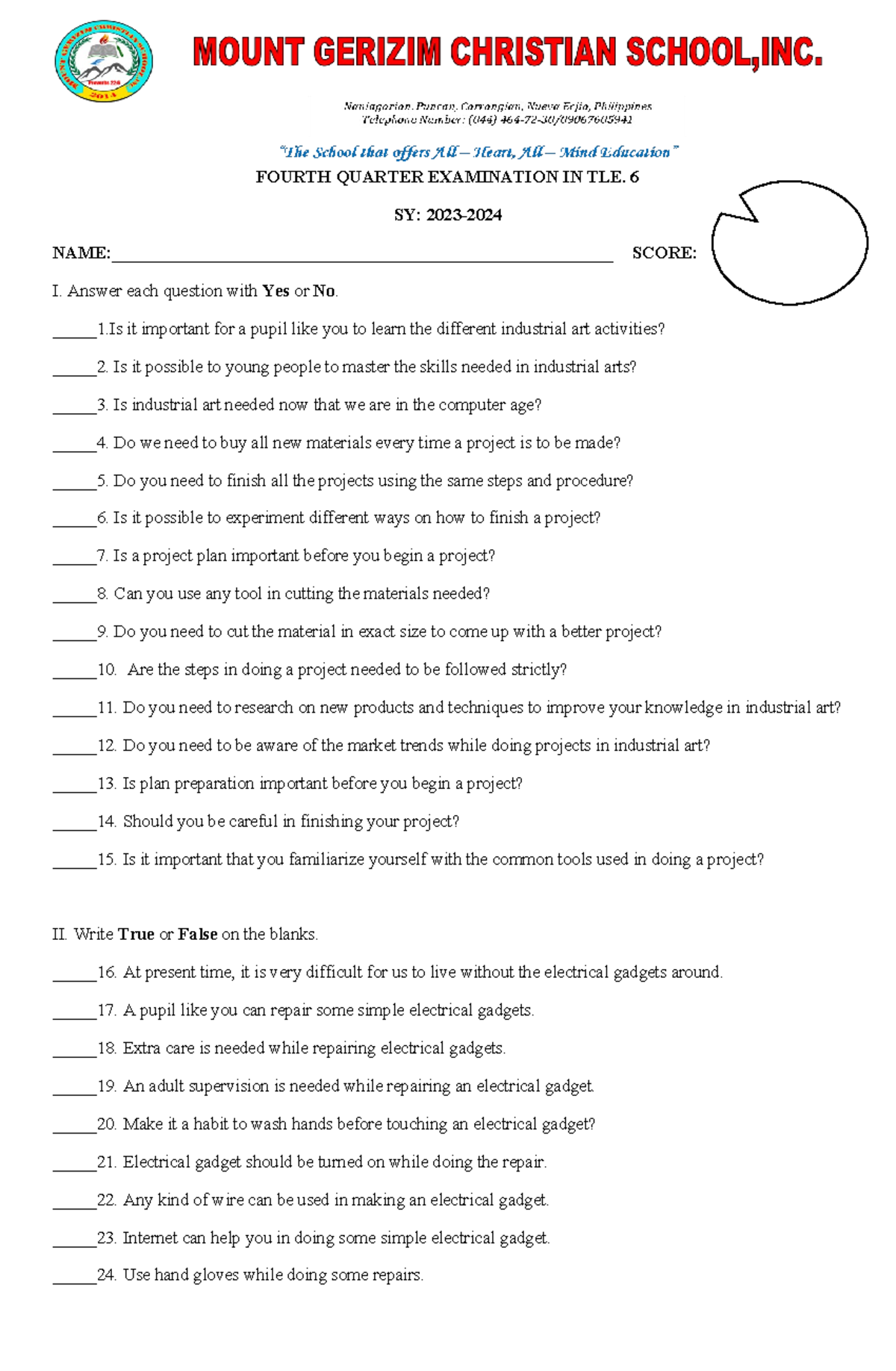 Fourth Quarter Examination IN TLE - FOURTH QUARTER EXAMINATION IN TLE ...