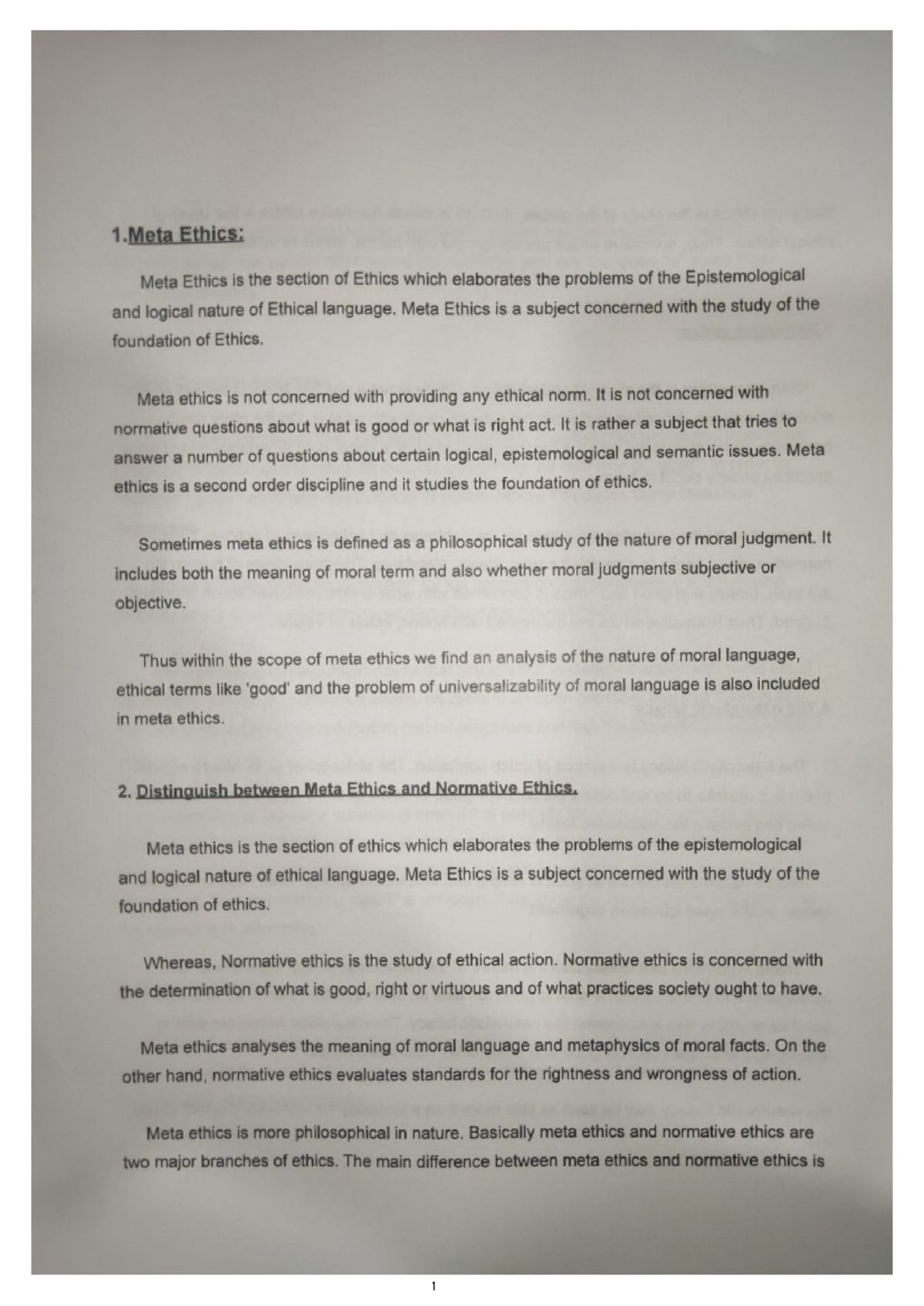 Meta Ethics - 1. Meta Ethics: Meta Ethics is the section of Ethics ...