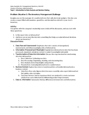 Problem Situation 1 Group 1 - Data Analytics for Management Decisions ...