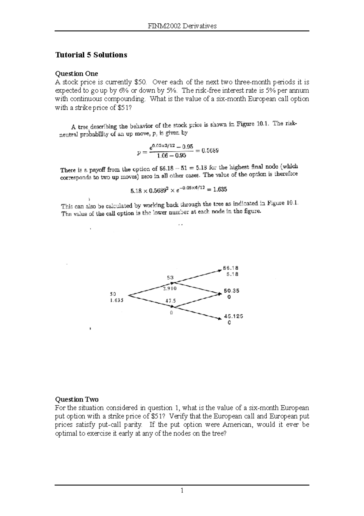 Finance Tutorial Questions and Solution - FINM2002 Derivatives Tutorial ...