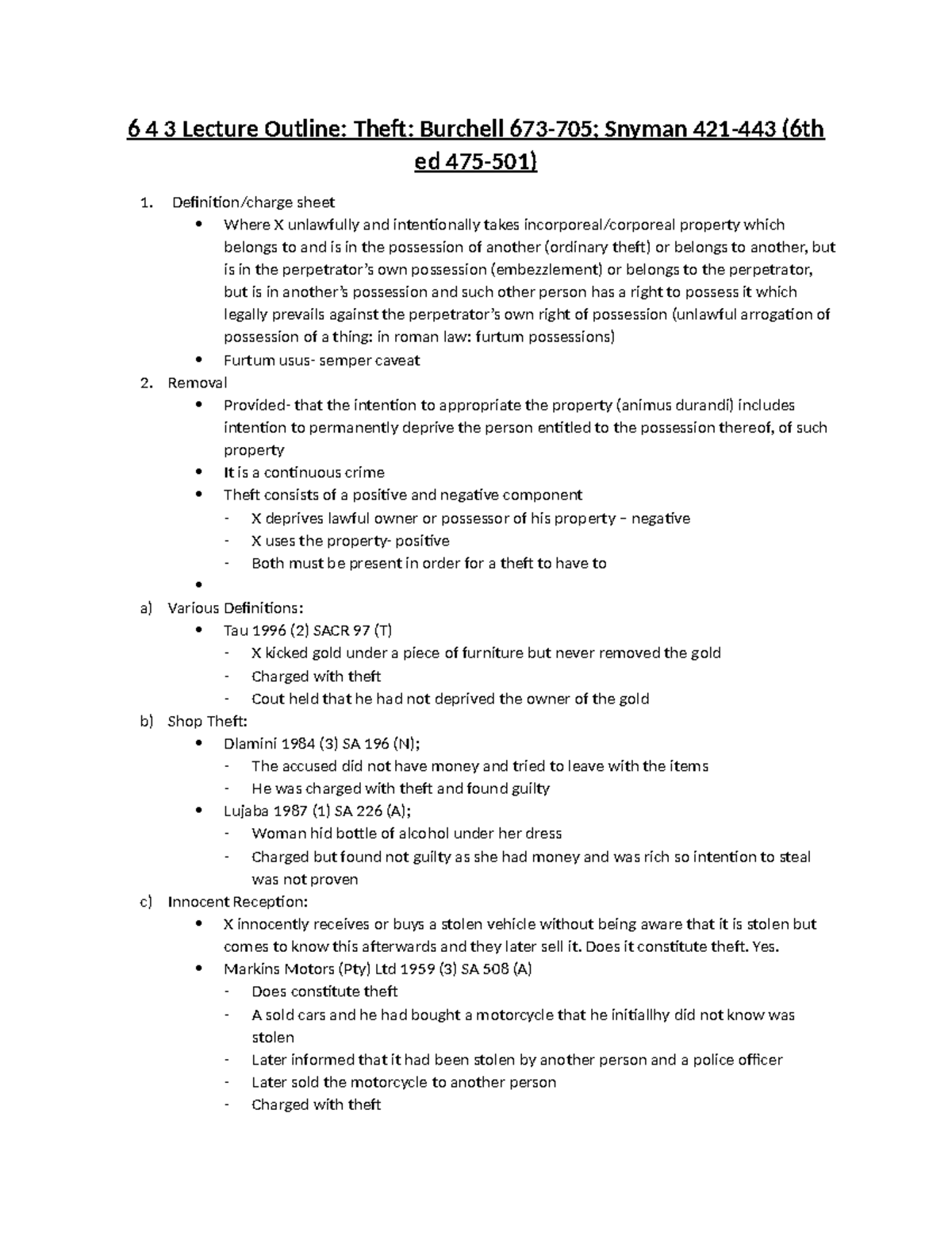 PBL Notes (Partial) - 6 4 3 Lecture Outline: Theft: Burchell 673-705 ...